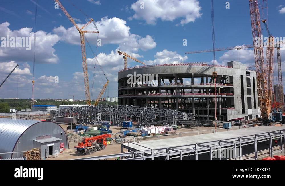 Frames and building materials at arena construction site Stock Video ...
