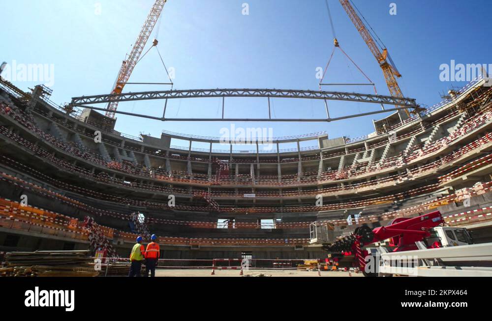 Installing arch frame on sports stadium at construction site Stock ...