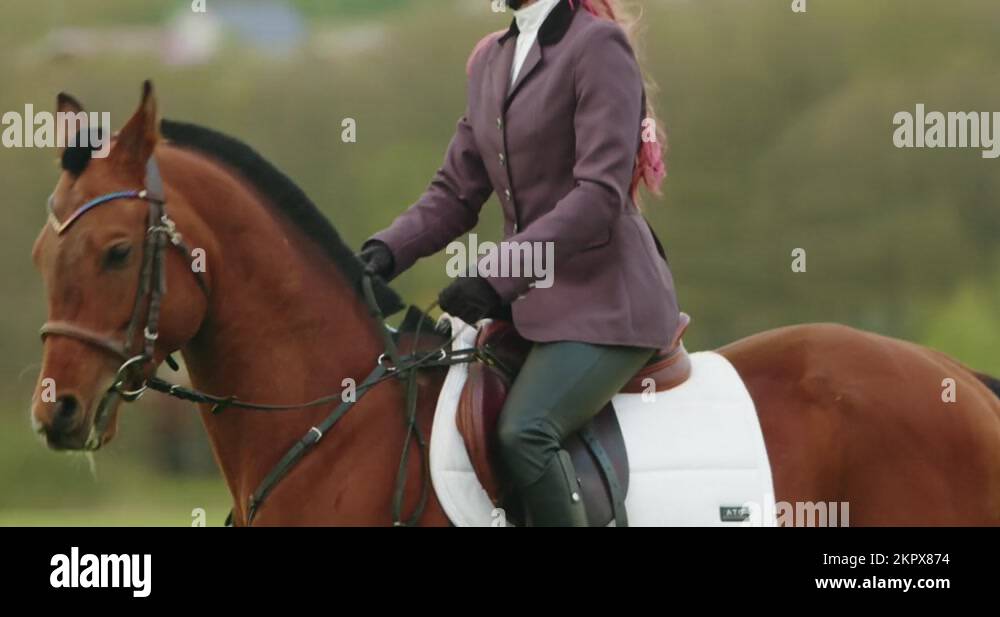 Horse running sport, woman jockey riding horse racing outdoor ...
