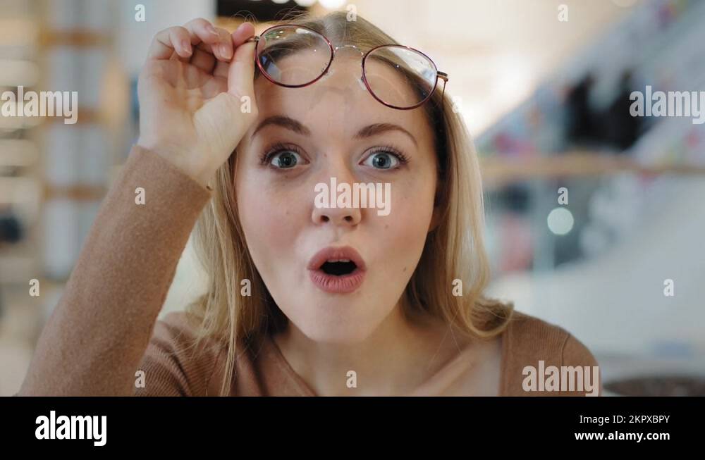 Close up female amazing face portrait emotional confused girl surprised ...