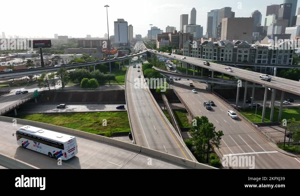 Interstate 45 and I-69 in Houston Texas. Aerial above traffic Stock ...