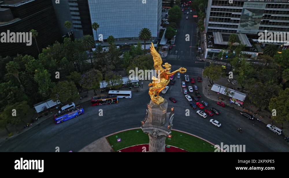 Mexico City Aerial v32 birds eye view fly around symbolic golden angel ...