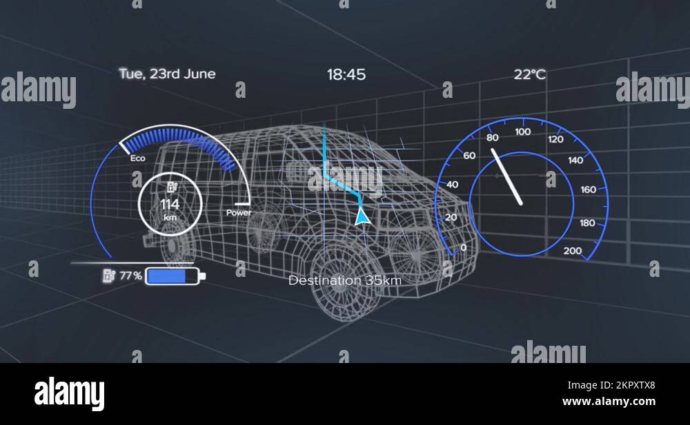Animation of speedometer and power level over van project on black ...