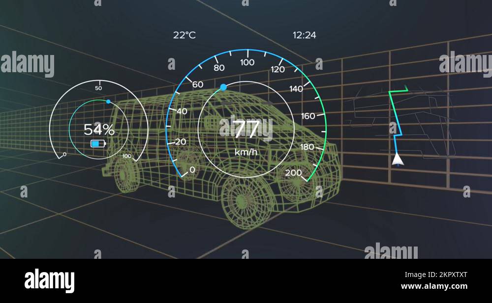Animation of speedometer and power level over van project on black ...