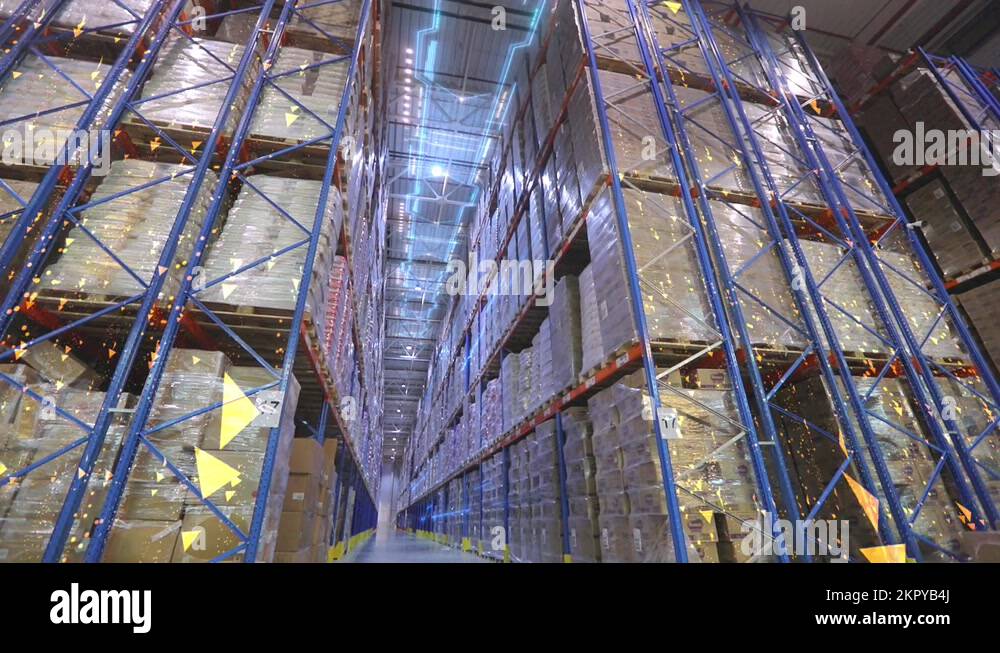 A worker is carrying a rokla through a large warehouse. The worker ...