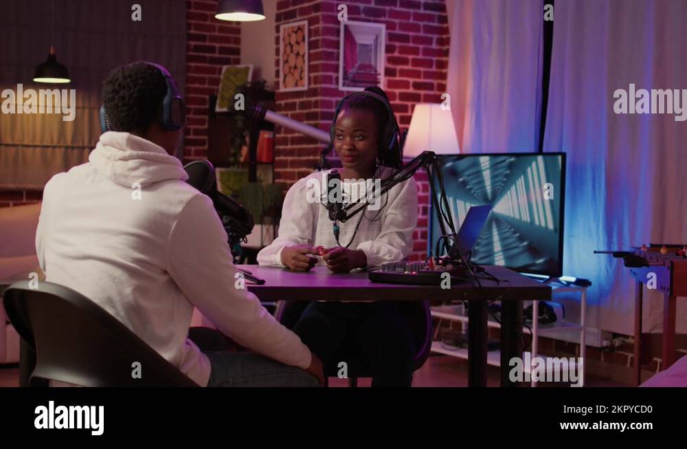 African american online radio host talking in interview with influencer ...