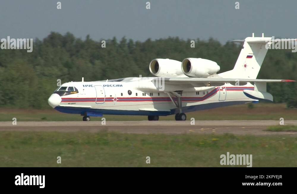 Russian amphibious aircraft (flying boat) Be-200 "Altair" moves along ...