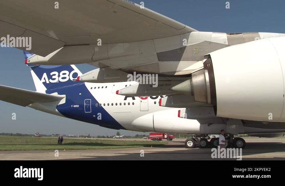 French passenger four-engine wide-body aircraft Airbus A-380 at parking ...