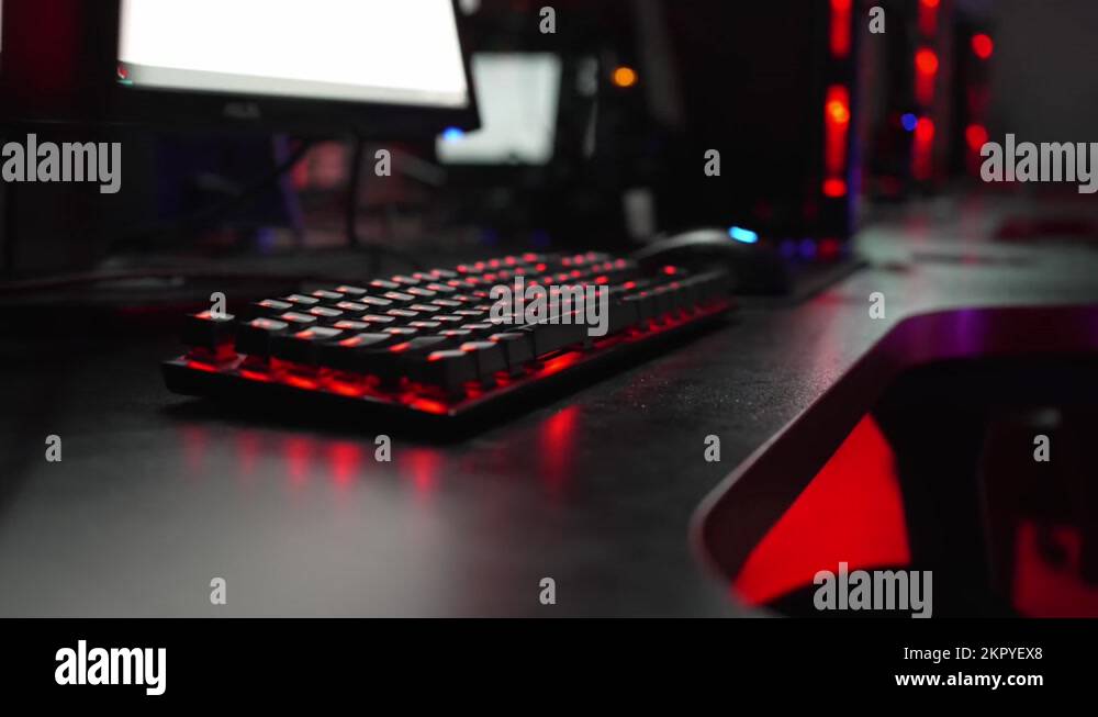 A computer club in a dark room. cyber cafe with access to computers ...