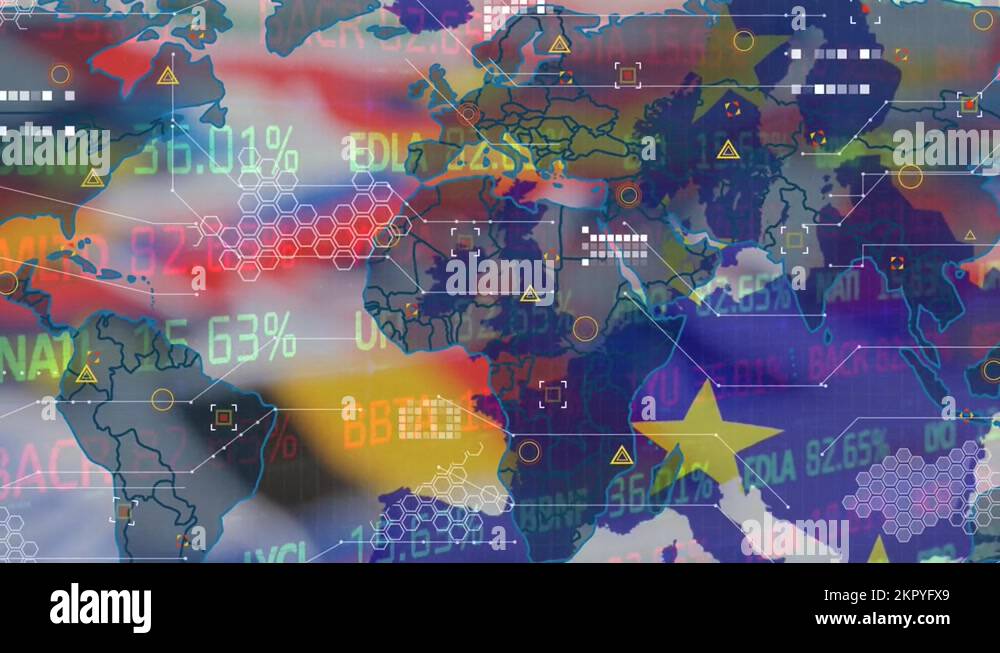 Animation loop of graphical map with british flag and european union ...