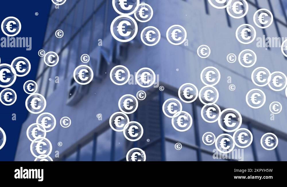Animation of multiple euro symbols over bank building in background ...
