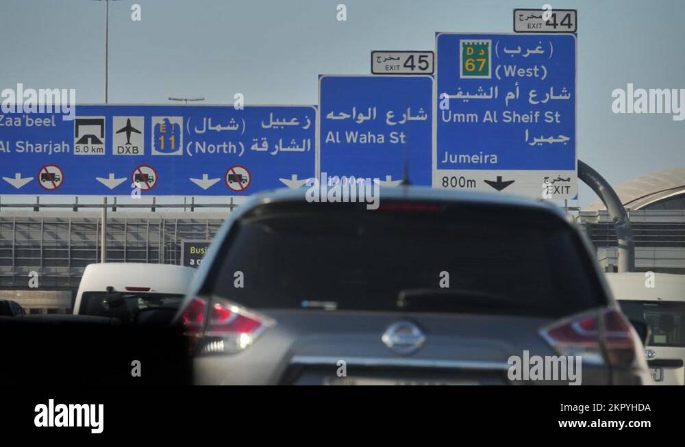 Traffic Jam and Road Signs in Dubai UAE, Cars and Directions, Driver's ...