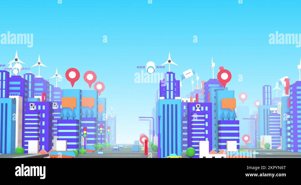 Crowded Cartoon Looking Smart City 3D Animation. Perfect Loop Stock ...
