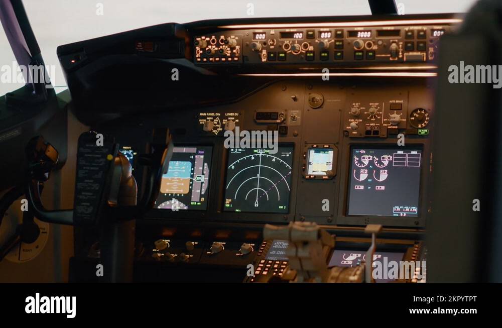Empty airplane cockpit with dashboard command to throttle engine Stock ...
