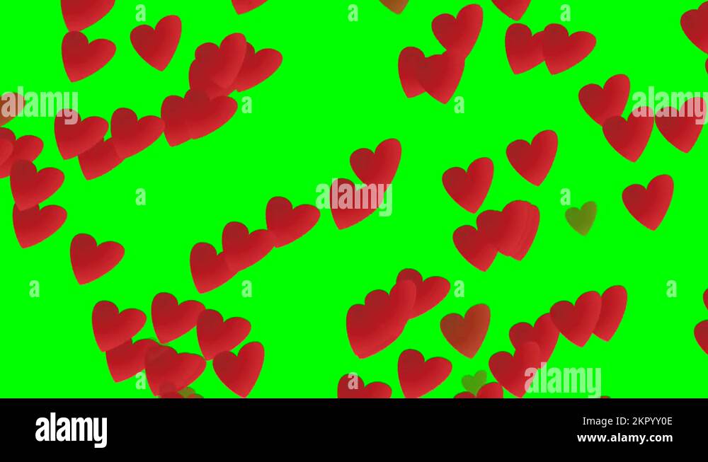 Love Hearts symbol icons animation cartoon rise up on green screen. Red ...