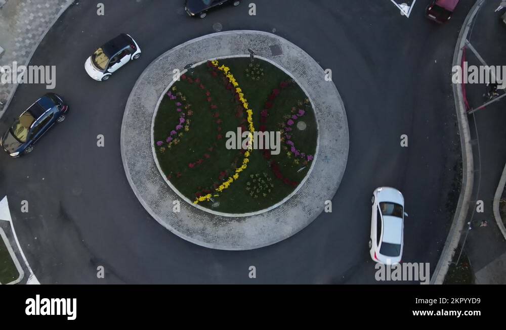 Birds Eye Aerial View, Roundabout Traffic in Small City, Top Down Drone ...