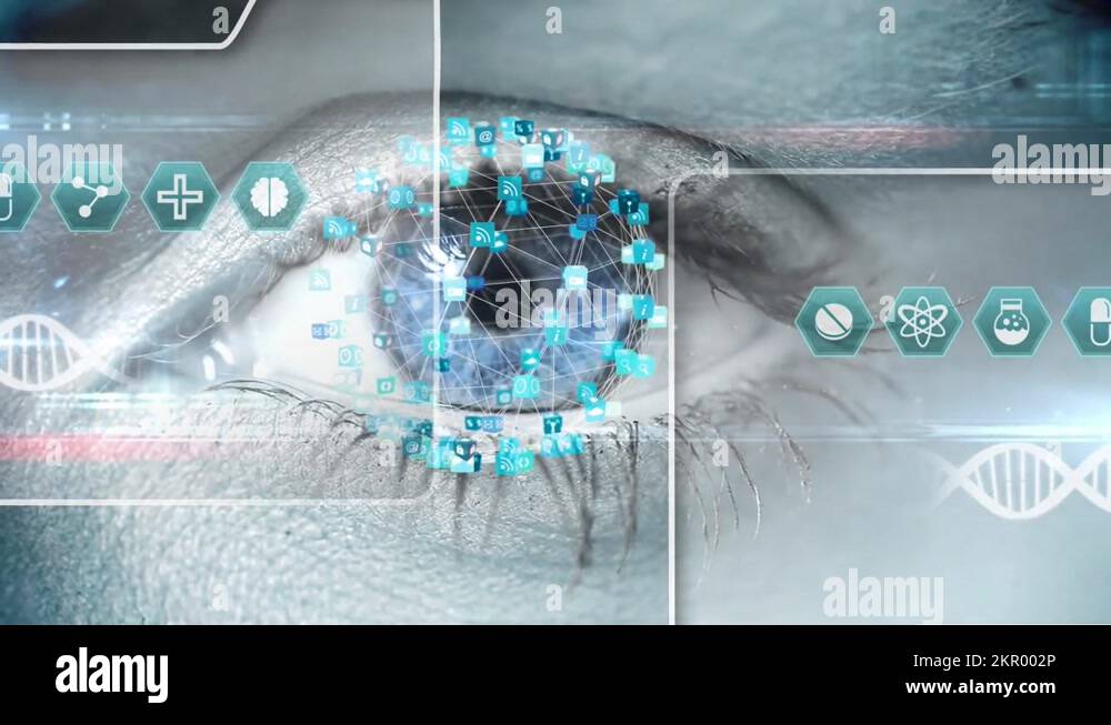 Animation of woman eye scanning infographics in globe shape and ...