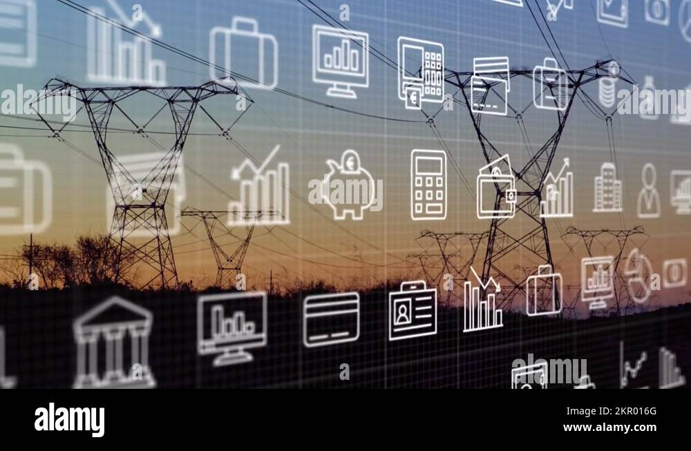 Animation of falling icons map over overhead power lines Stock Video ...