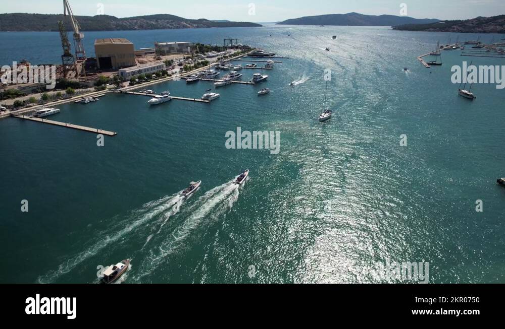 Busy waterway in Croatia, captured by drone. Power boats and yacht ...