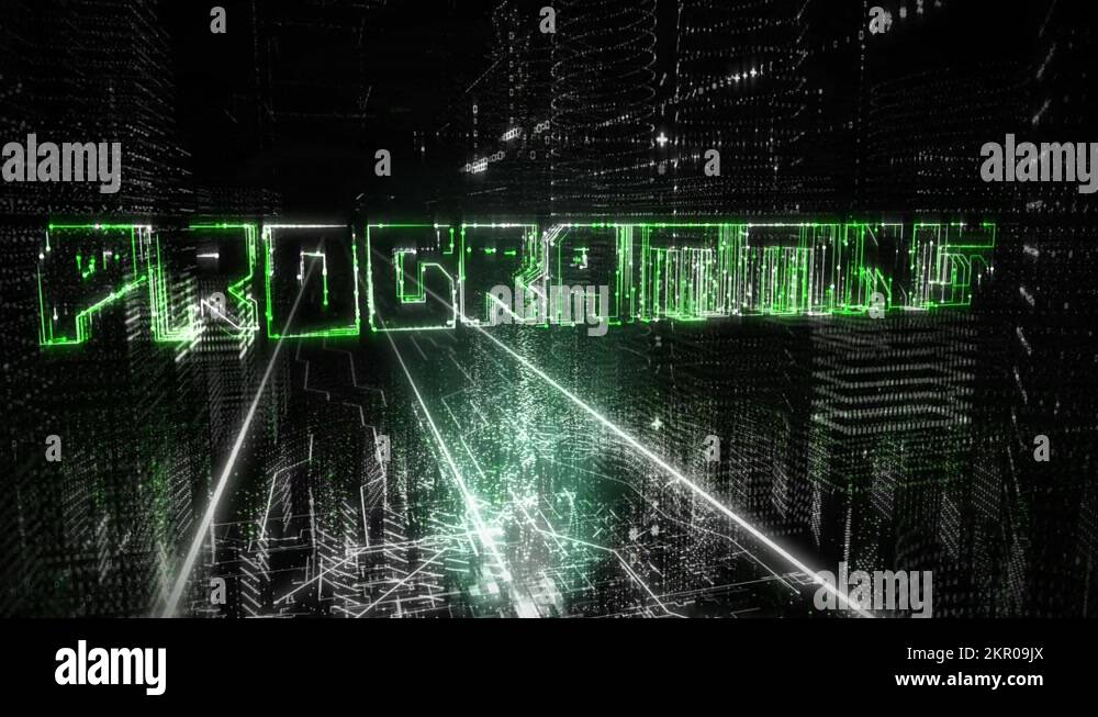 Inside a dark virtual world. The word programming in big 3D letters in ...