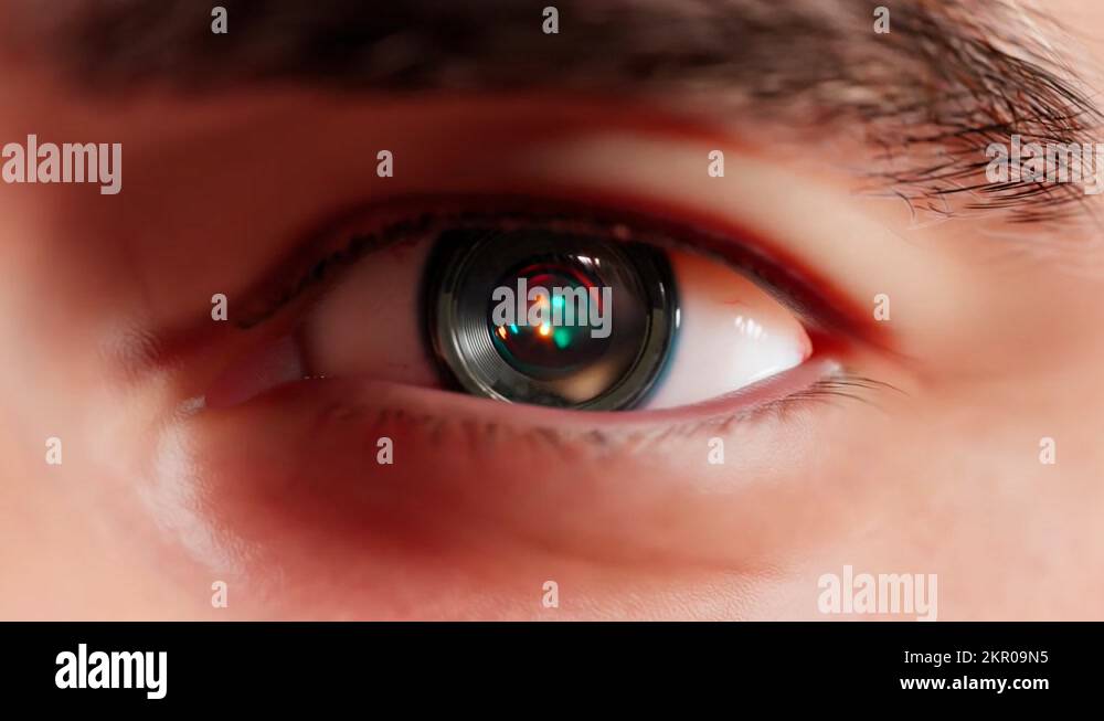 Close up of an eye camera implant slowly focusing the view. Futuristic ...