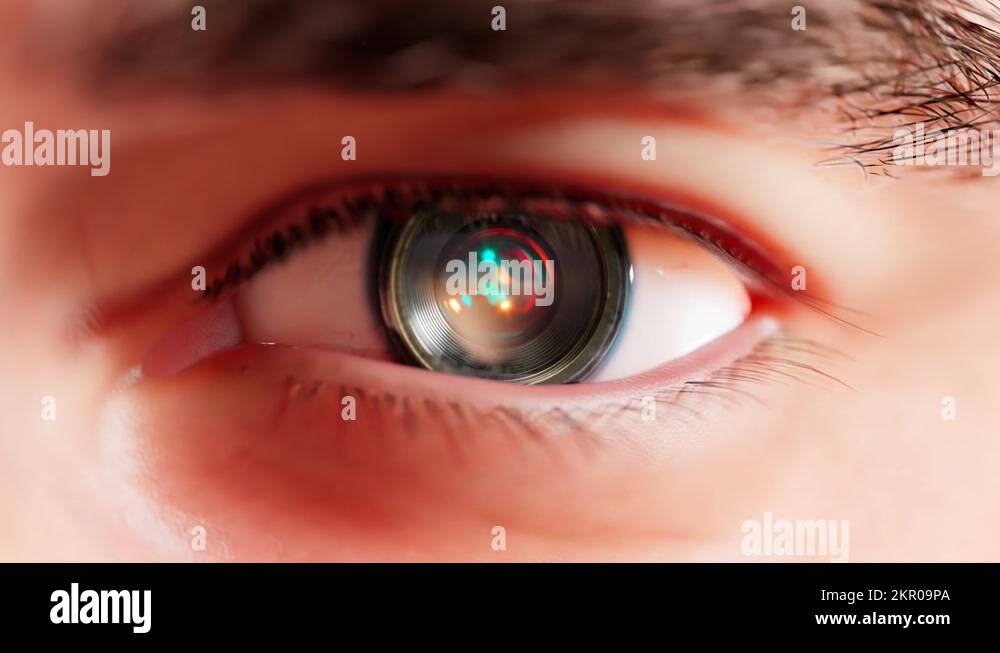 Close up of an eye camera implant slowly focusing the view. Futuristic ...