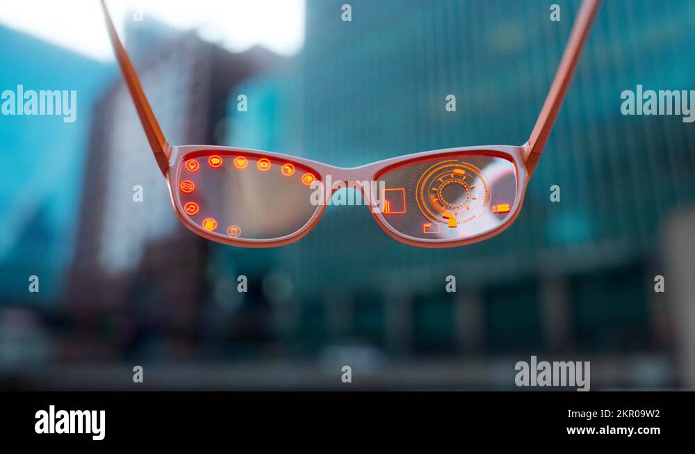 Pair of orange smart glasses laying on black desk. AR overlay showing ...