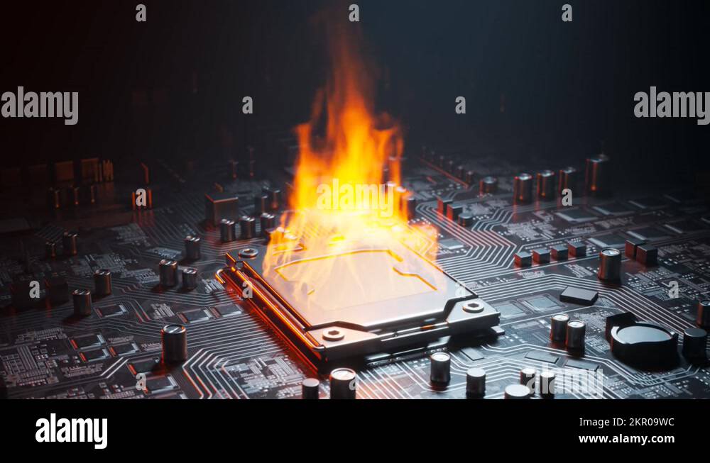 Overheating CPU. Fire burning on a hot processor. Bursting flames ...