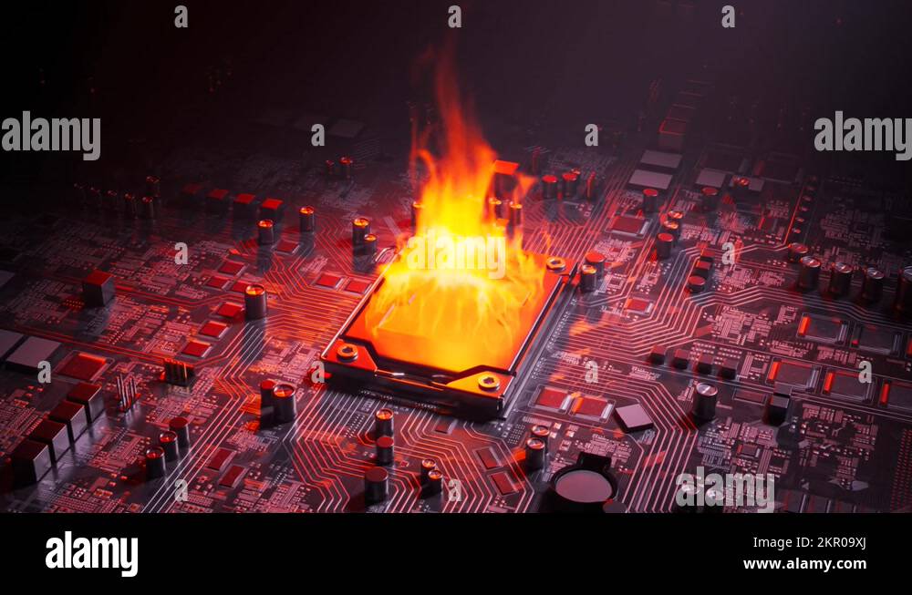 Overheating CPU. Fire burning on a hot processor. Bursting flames ...