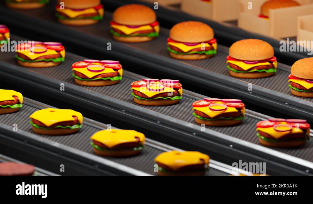 Hamburgers factory. Many sandwiches on a production line. Automated ...