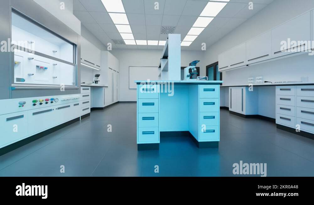 Light laboratory interior. Fully equipped empty lab. Clean white ...