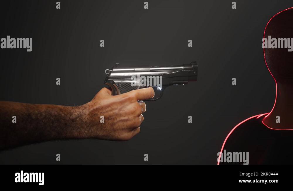 Gun pointed at the victim's head. Killer ready for execution. Loaded ...