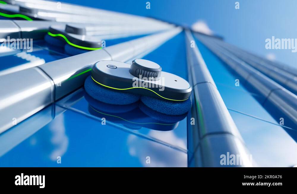 Smart automatic robots clean big glass windows. Big building windows ...