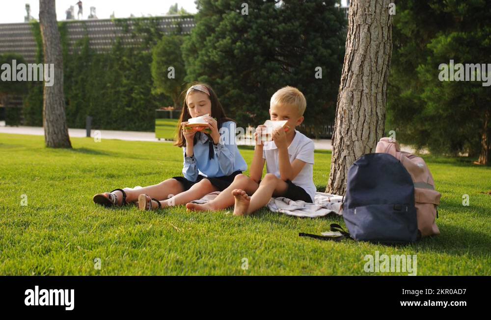 Elementary school students boys and a girl sat down together under a ...
