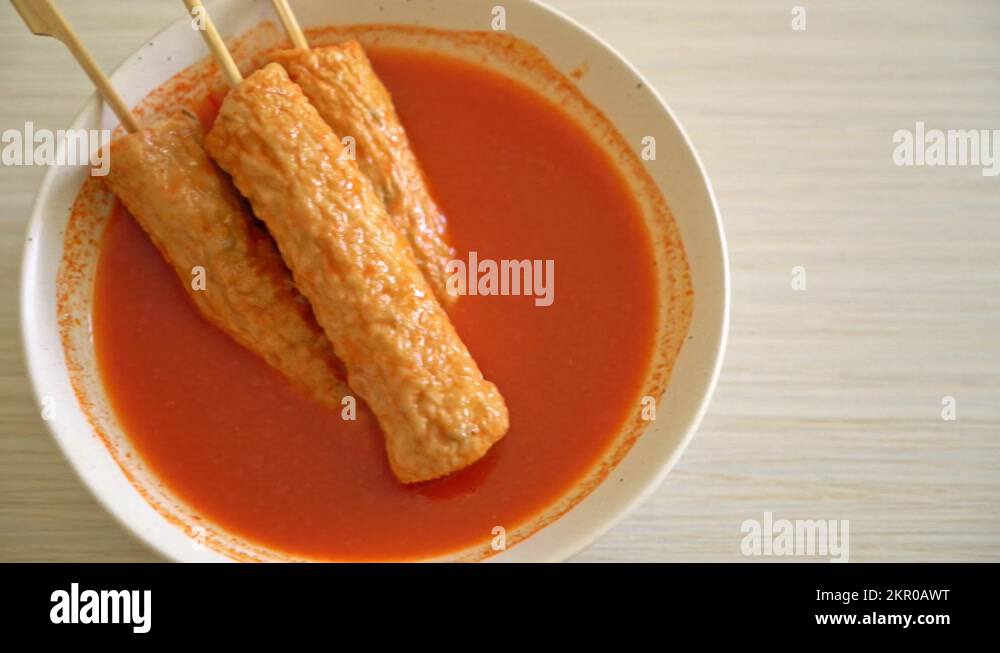 Omuk - Korean fish cake skewer in Korean spicy soup - Korean street ...