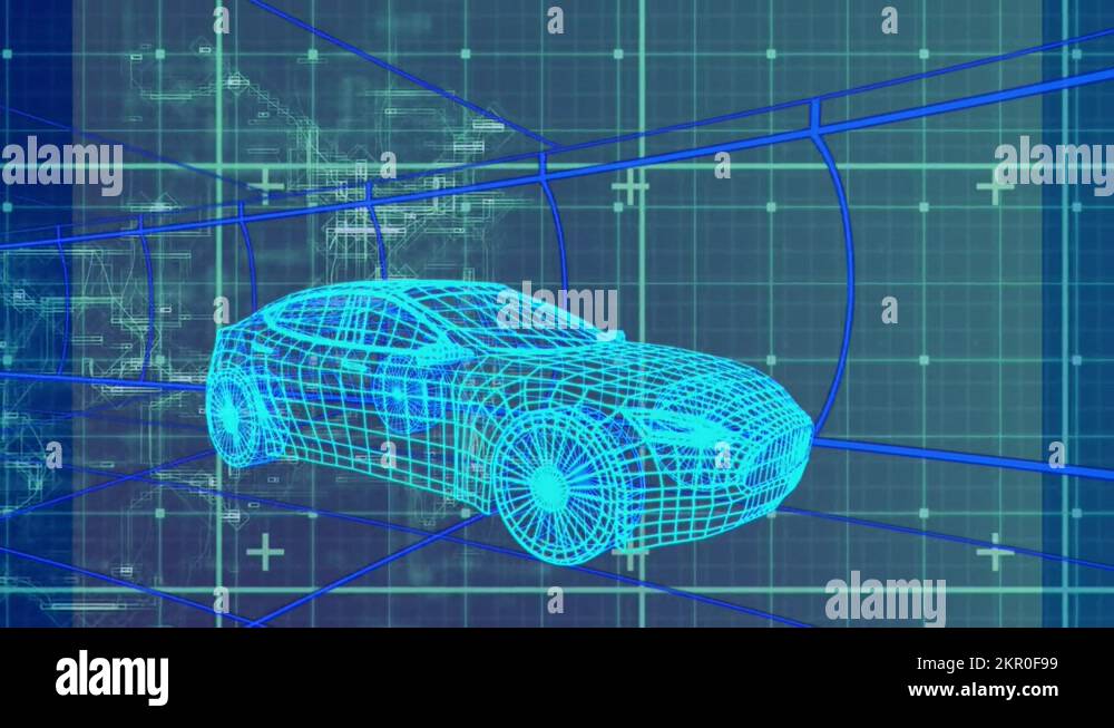 Animation of car with graphical user interface moving on bridge against ...