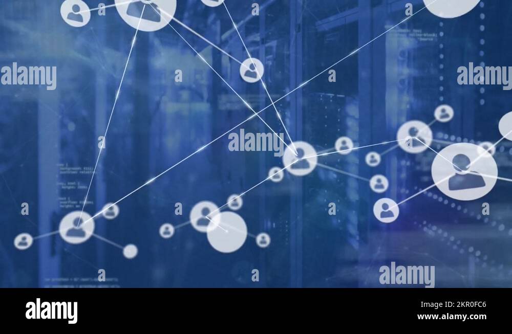 Animation of profile icons connecting with lines with coding against server room Stock Video ...