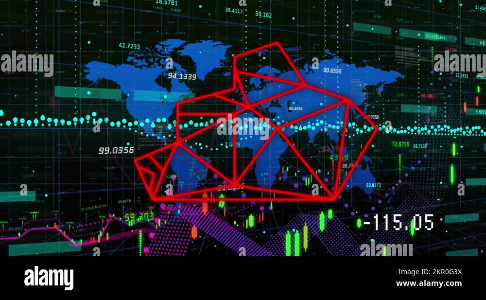 Animation of graphs, financial data, world map and bear head on black ...