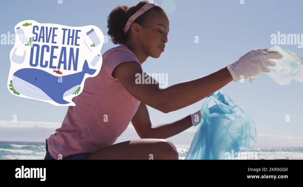 Animation of save the ocean text with icons over african american woman ...
