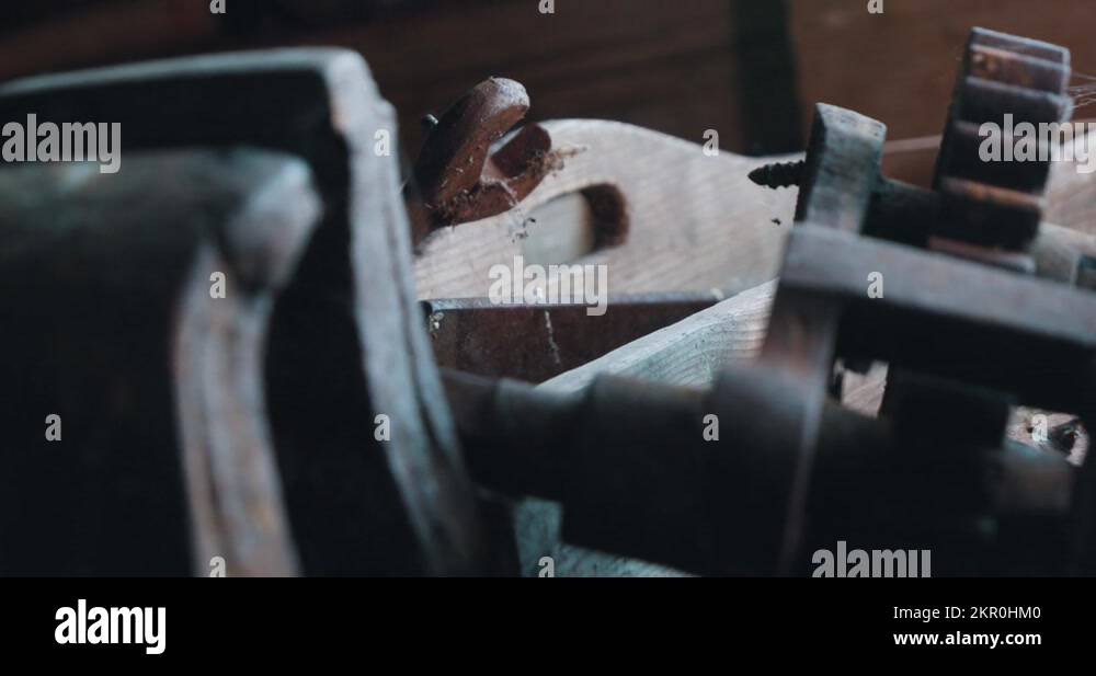 Cinematic dolly sequence of rusty old Wrench tools in wooden toolbox ...