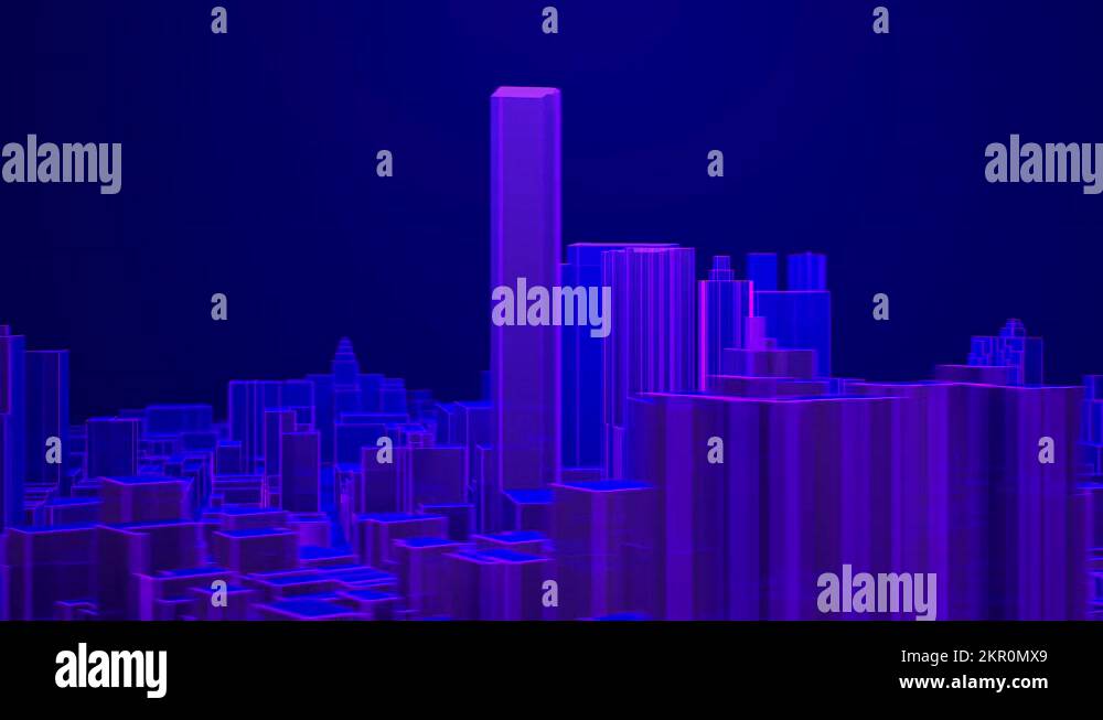 Fly around metaverse city. Ultraviolet cyberpunk town. 3d render Stock ...
