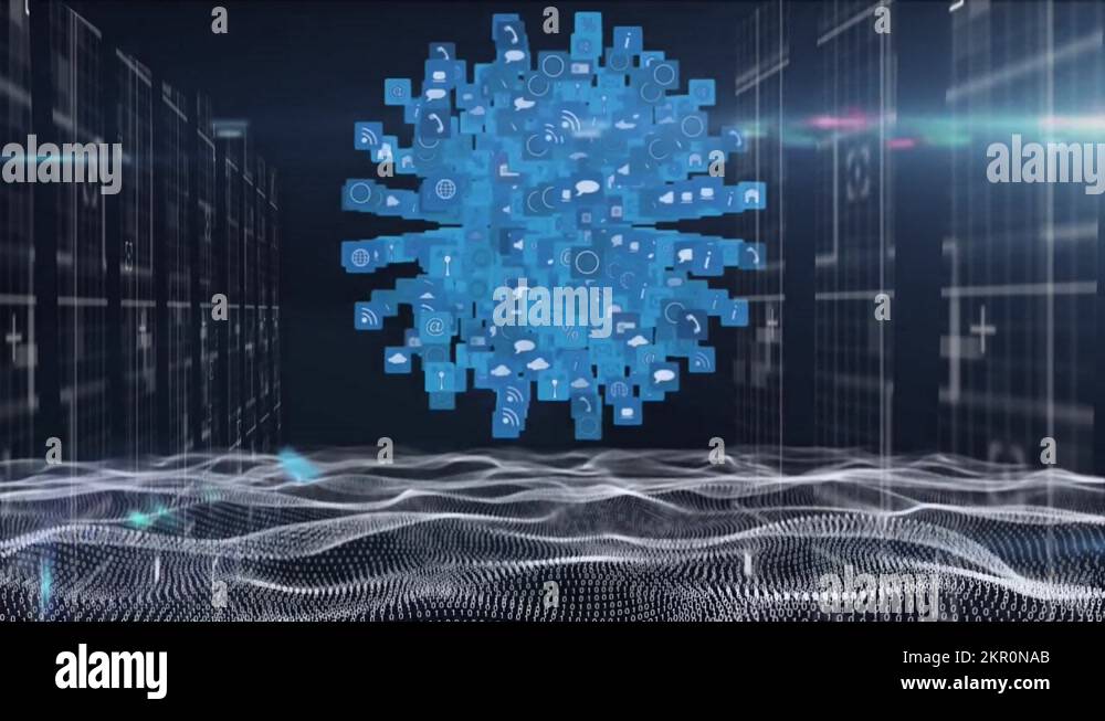 Animation of graphical globe made of computer icons rotating amidst bar ...
