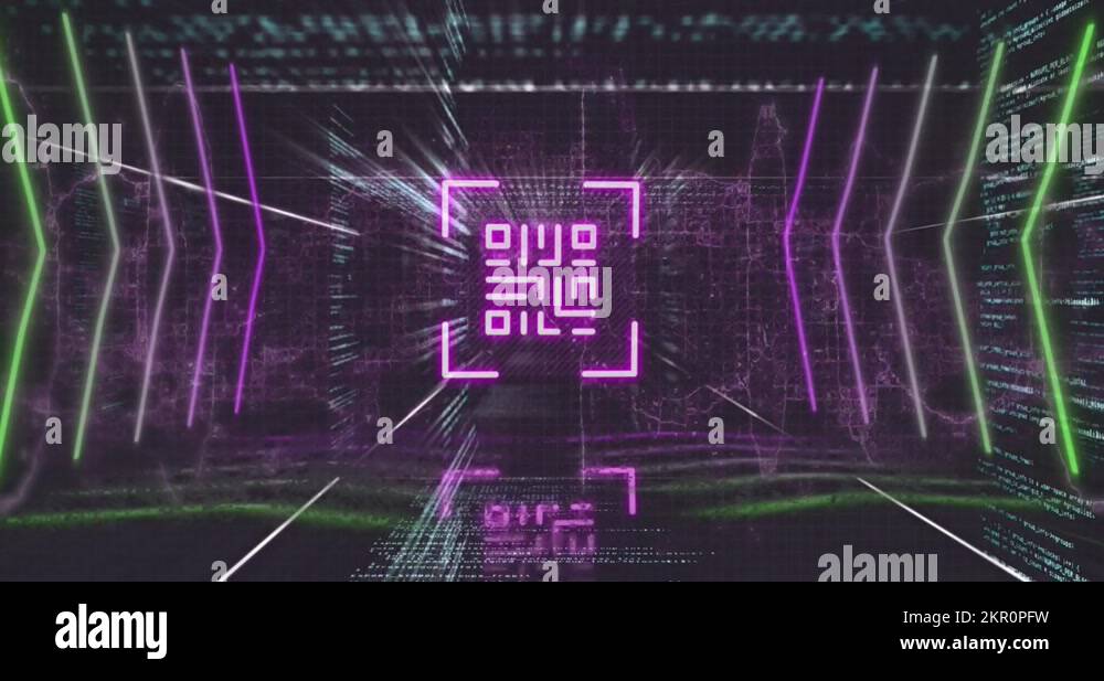 Animation of pink qr code, neon lights and data processing on black ...