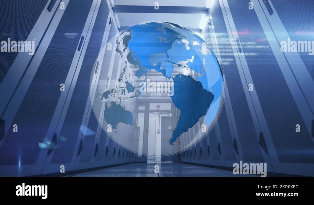 Animation of spinning globe and data processing against computer server room Stock Video Footage ...