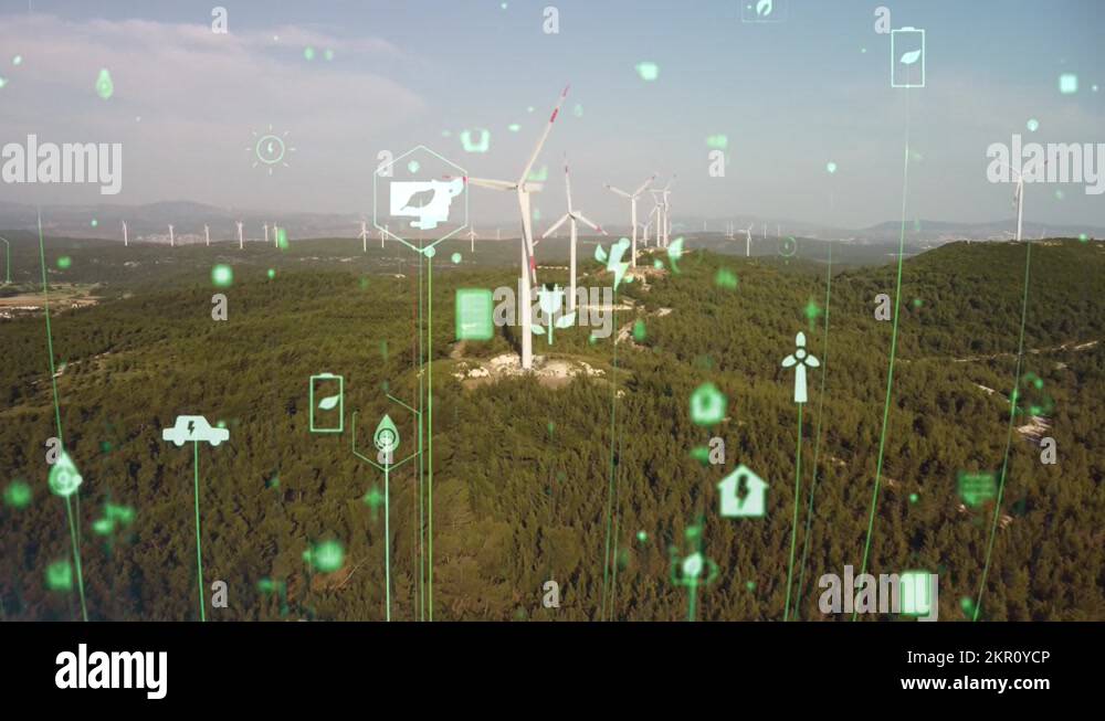 Wind power plant and technology. Smart grid. Renewable energy ...