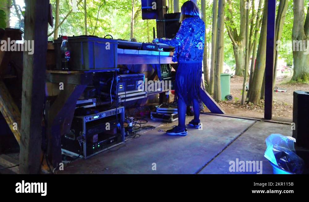 DJ artist plays favorite hits. filmed from the VIP area. female Dj at ...