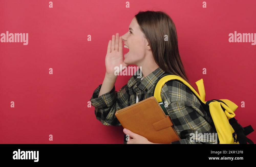 Student woman with yellow backpack shouting to lateral and announcing ...