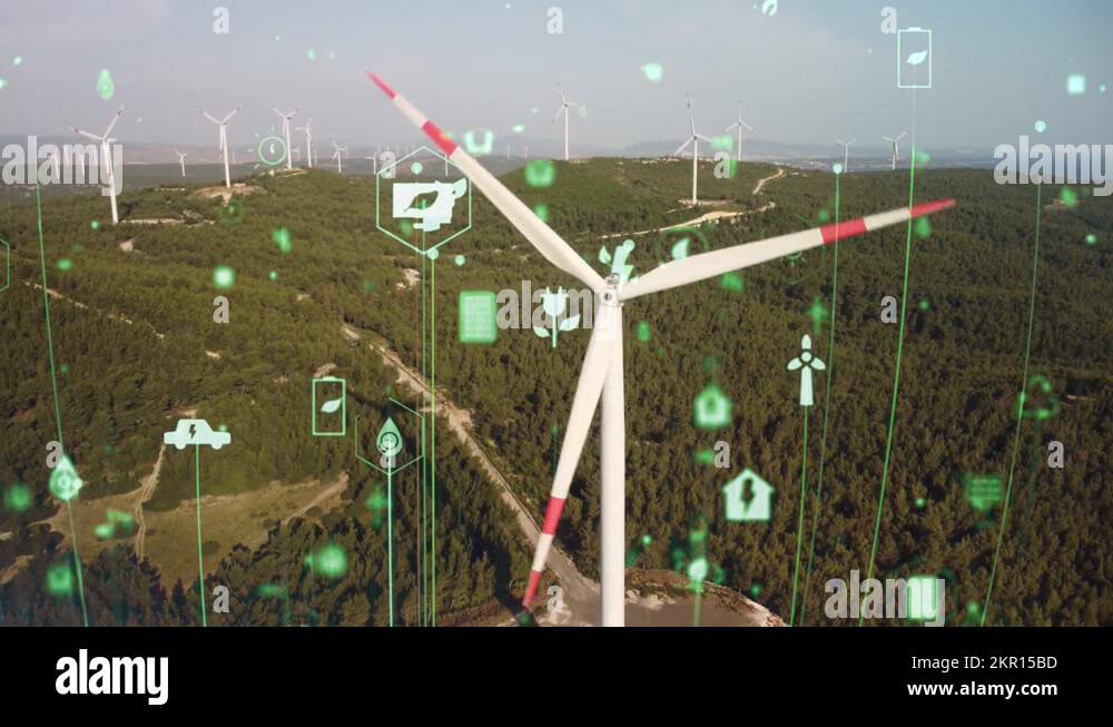 Wind power plant and technology. Smart grid. Renewable energy ...