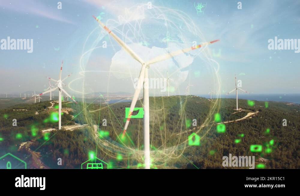 Wind power plant and technology. Smart grid. Renewable energy ...