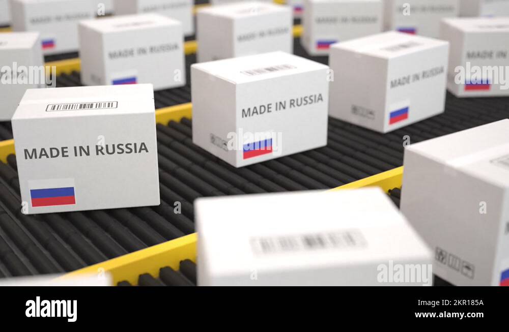 White boxes with MADE IN RUSSIA text on conveyor. Seamless loopable 3D ...